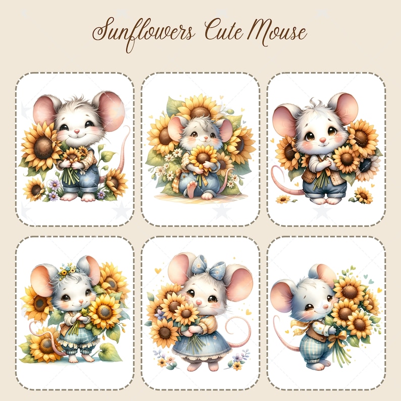 Watercolor Sunflower Mouse, Cute Mouse Clipart, Floral Animal Clipart ...
