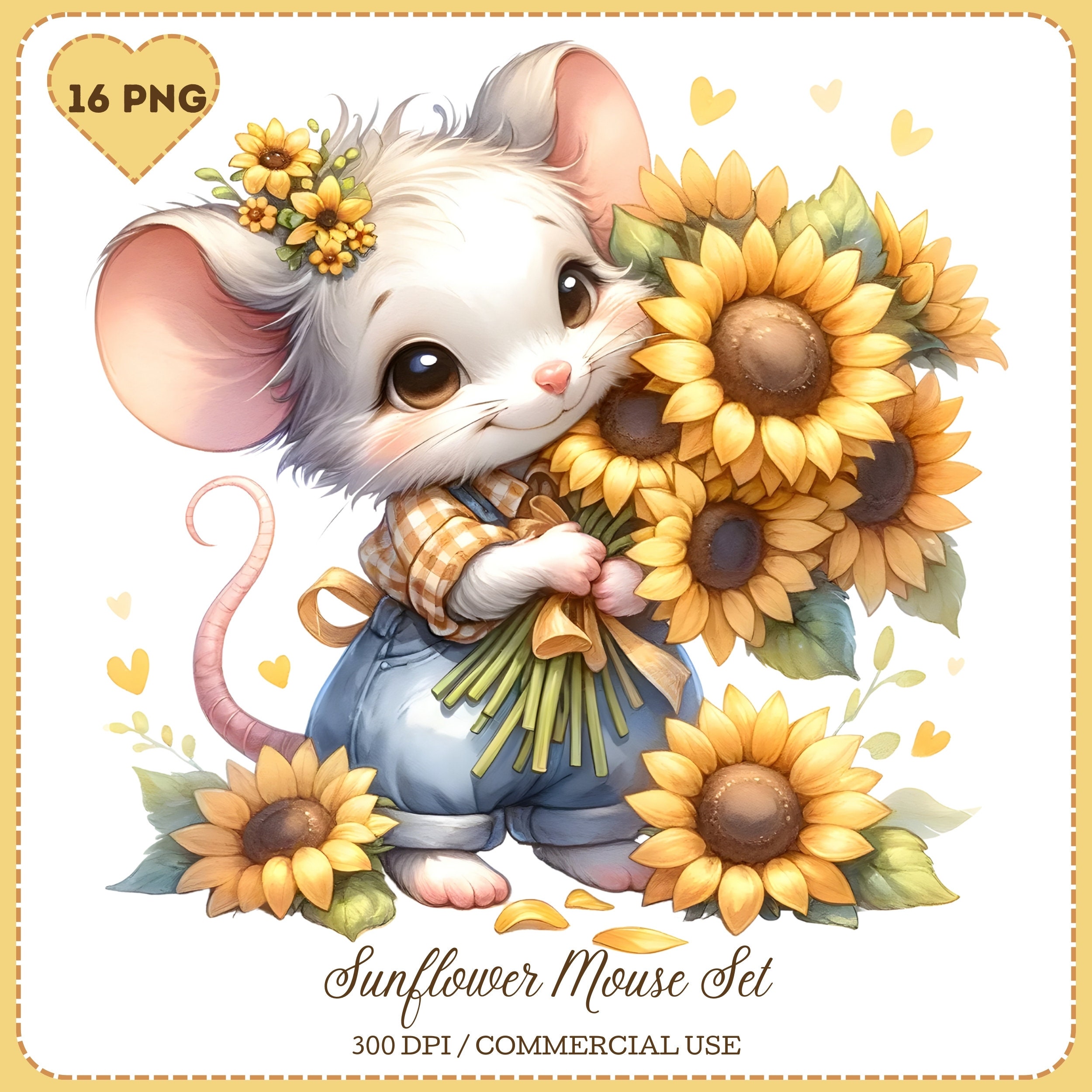 Watercolor Sunflower Mouse, Cute Mouse Clipart, Floral Animal Clipart ...
