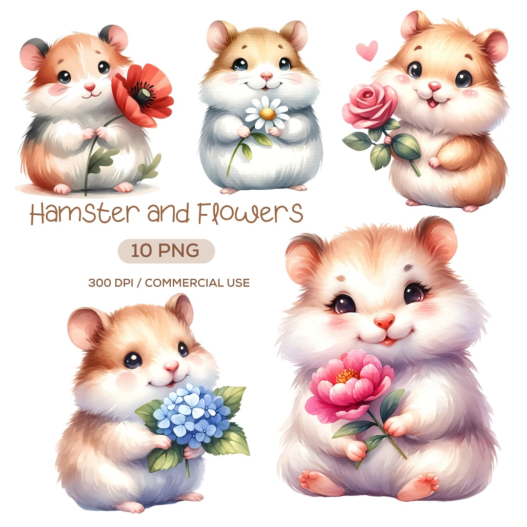 Watercolor Hamster and Flowers, Cute Hamster Clipart, Floral Animal ...
