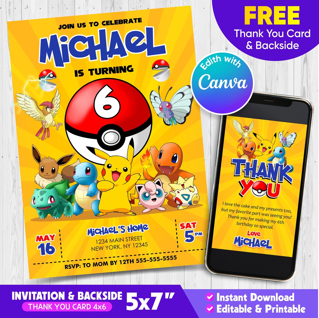 Pokemon Invitation / Pikachu Invitation / Kids Birthday Invitation ...