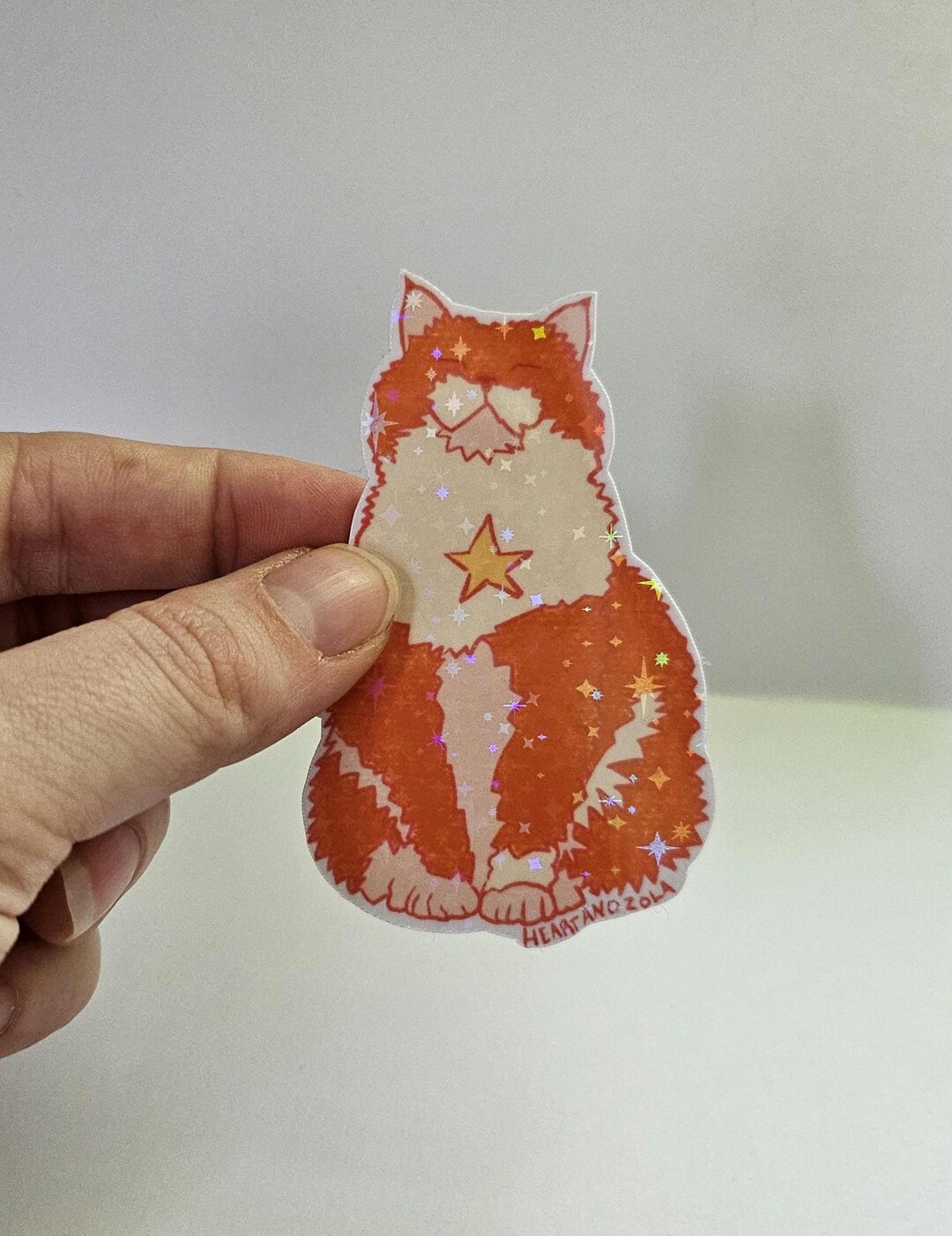 Happy Orange Cat Sticker, Hand Drawn, Starry Holo Freehand Stickers ...