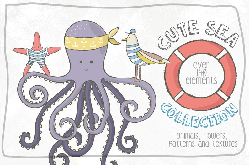 Cute Sea Animals Digital Illustrations Bundle - Hand-drawn Elements ...