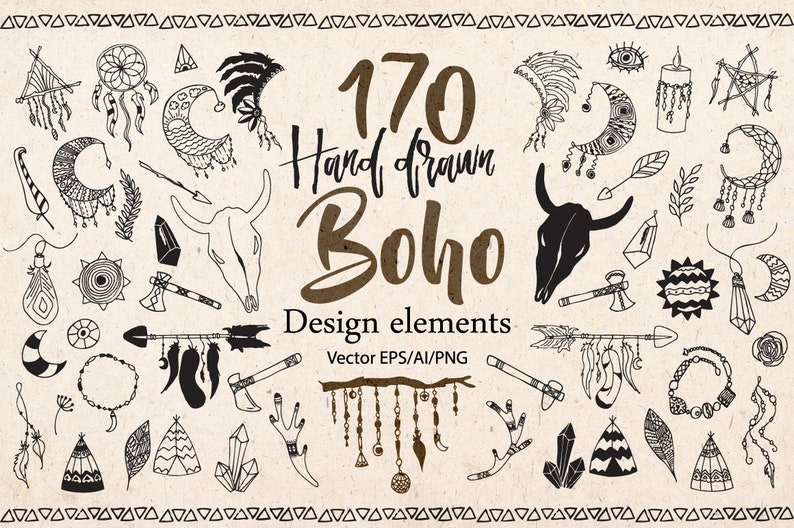 Boho Chic Design Elements Bundle - Hand-drawn Doodles for Crafts ...