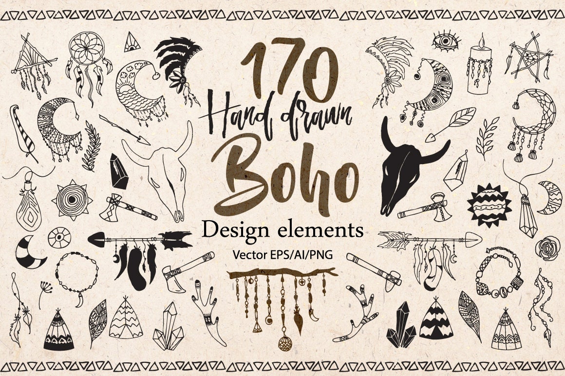 Boho Chic Design Elements Bundle - Hand-drawn Doodles for Crafts ...