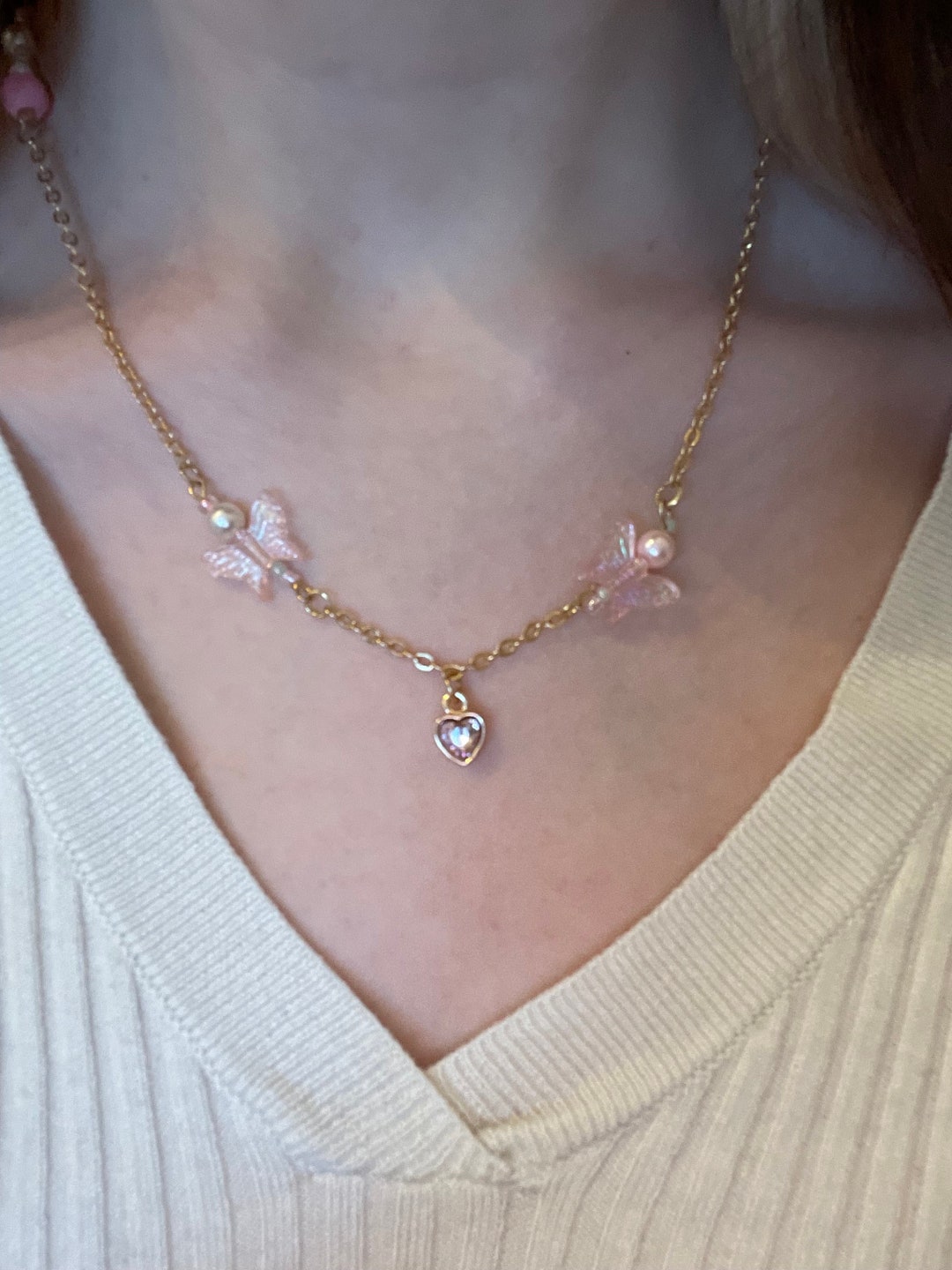 Handmade Beaded Butterfly Necklace Fairycore With Gold-plated Chain ...