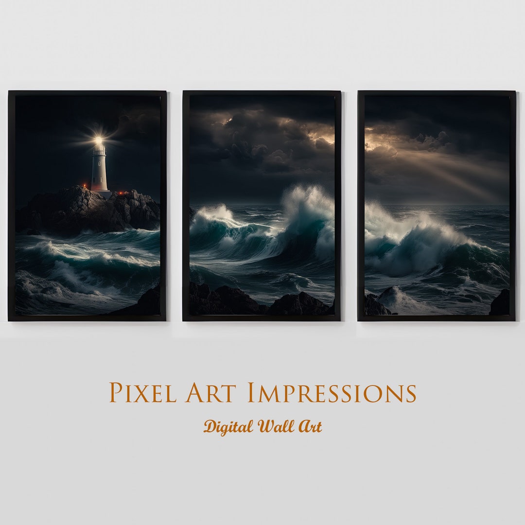 Rough Sea and Lighthouse Triptych Digital Download Dark Academia ...