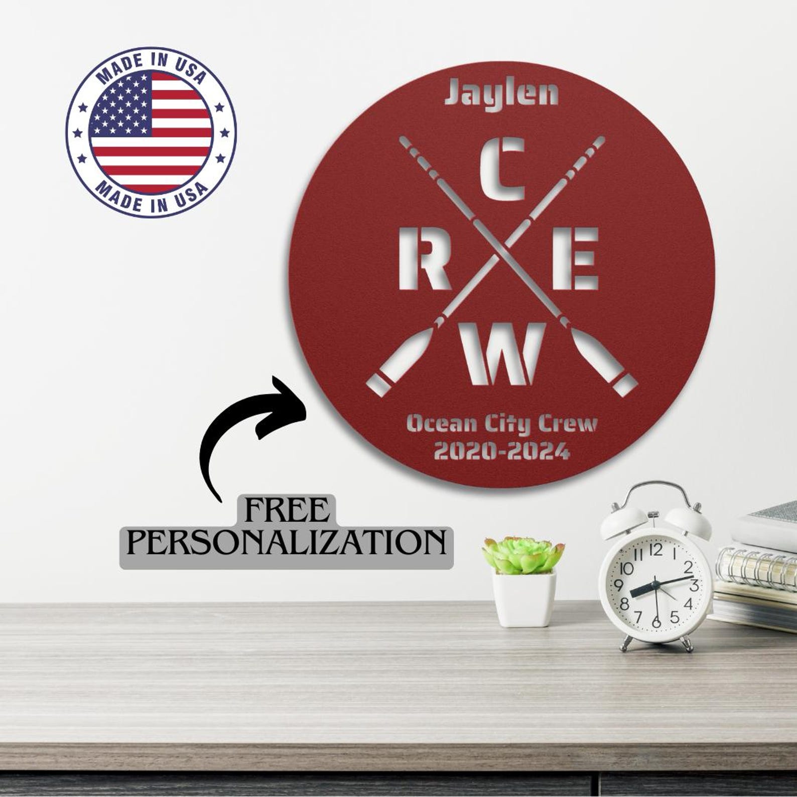 Crossed Oars CREW Round Metal Custom Art Rowing Art Gift Gifted Rower ...