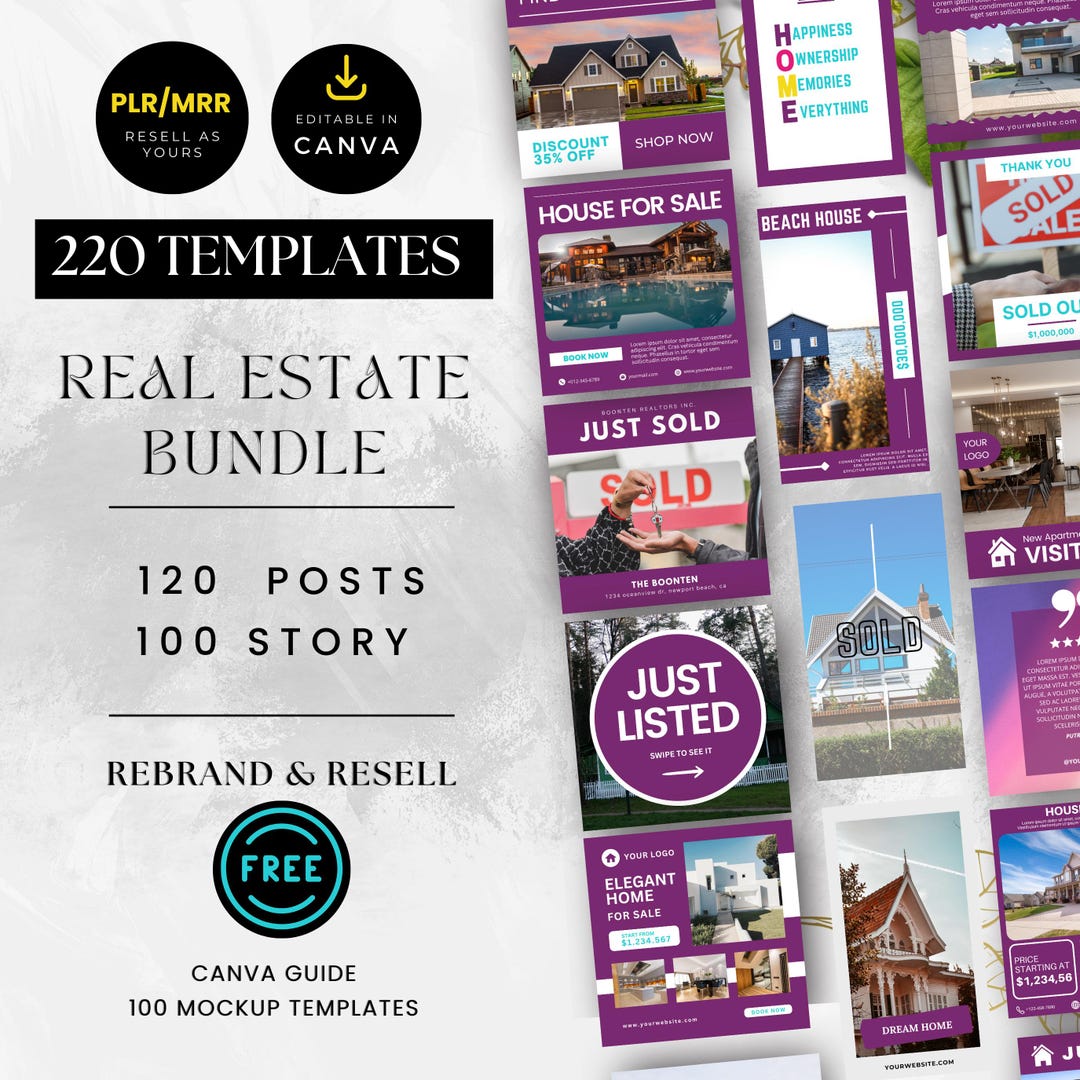 Purple Real Estate 220 Canva Templates Bundle for Social Media Posts ...