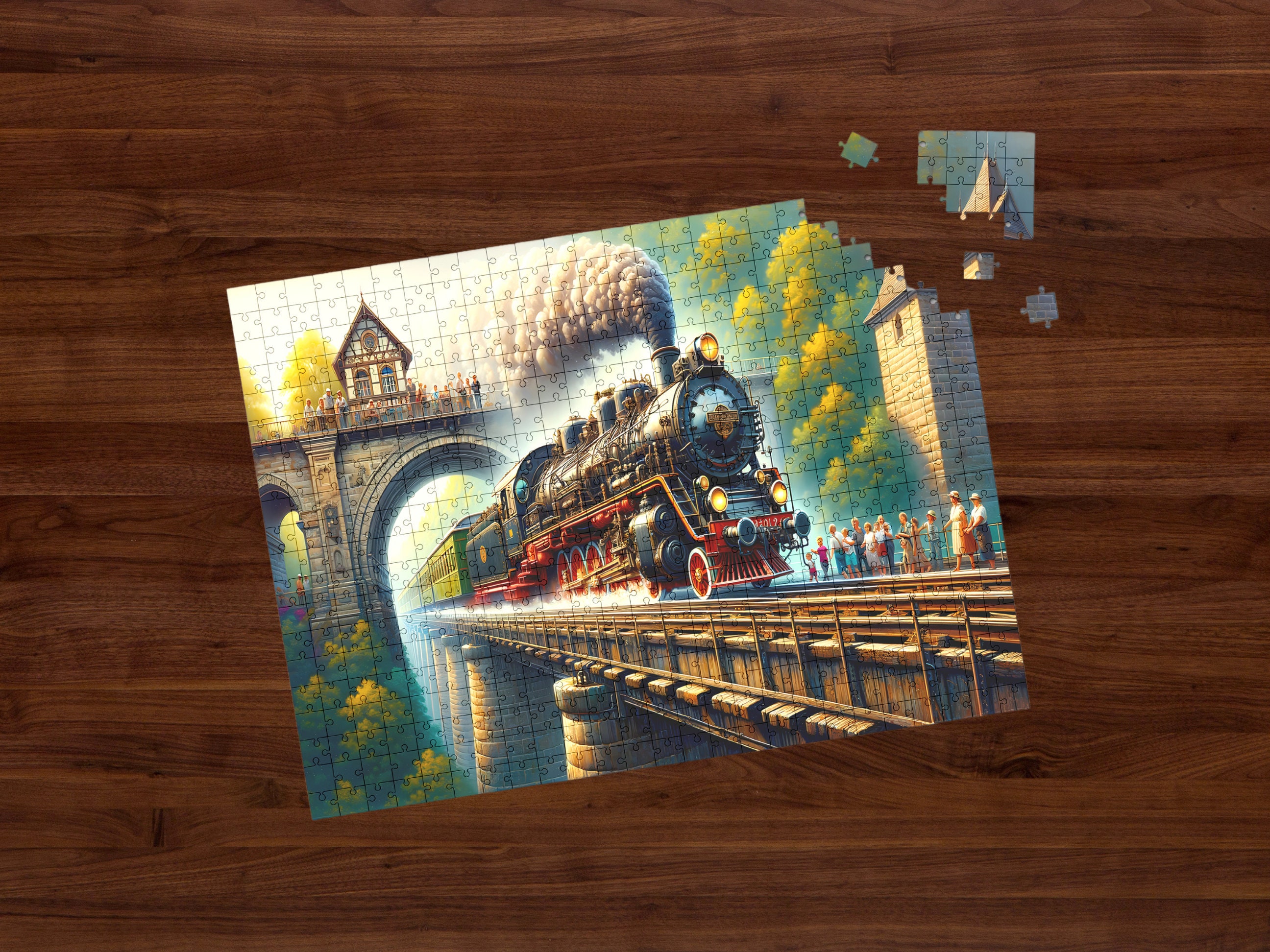 Vintage Train Puzzle - Classic Locomotive, Vibrant Chipboard Jigsaw ...