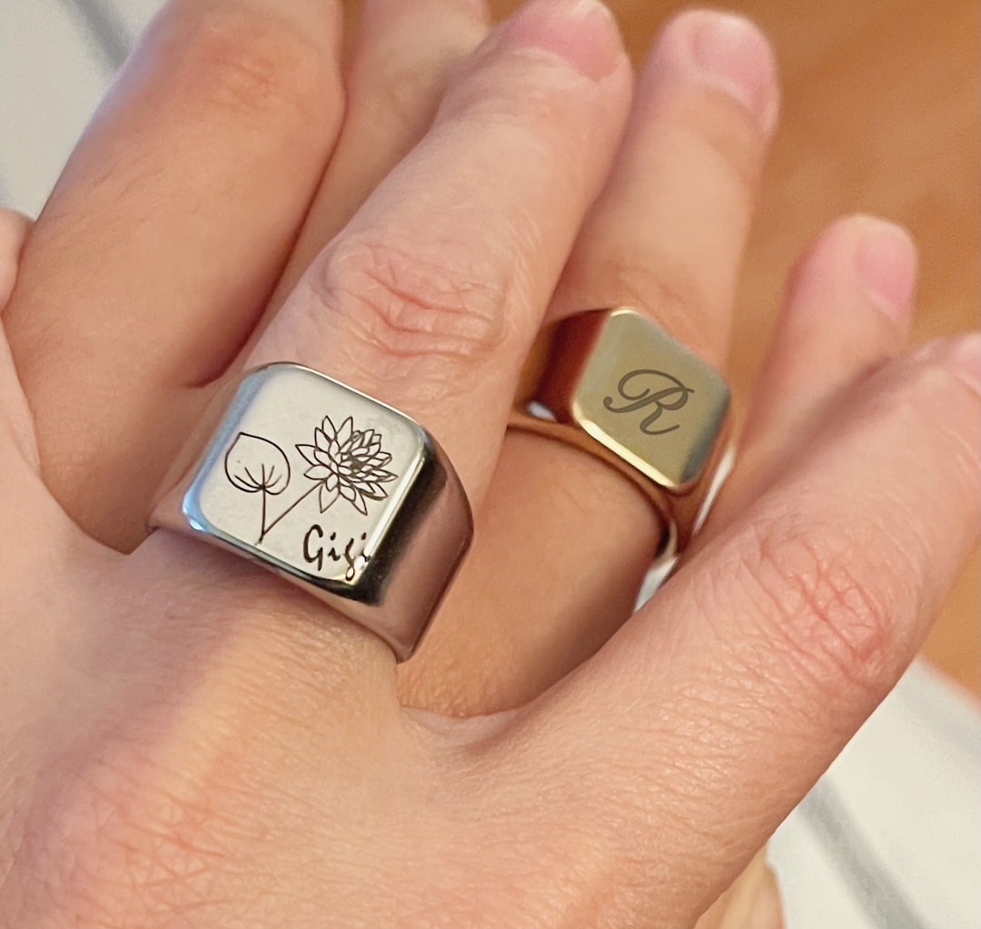Custom Chunky Square Signet Ring-personalized Birth Flower Band- Men ...