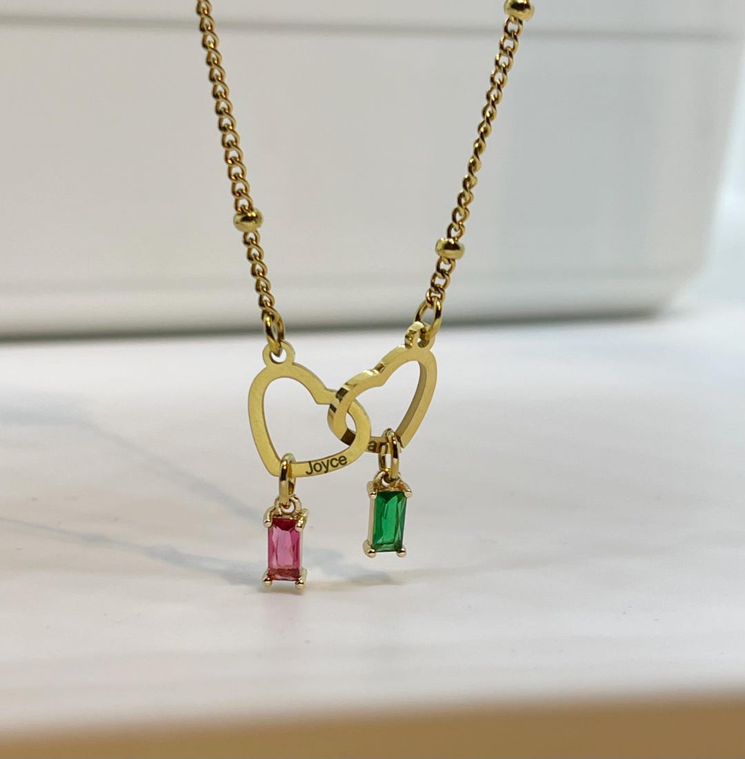 Double Heart Crystal Necklace, Custom Interlocking Heart Pendant, Non ...