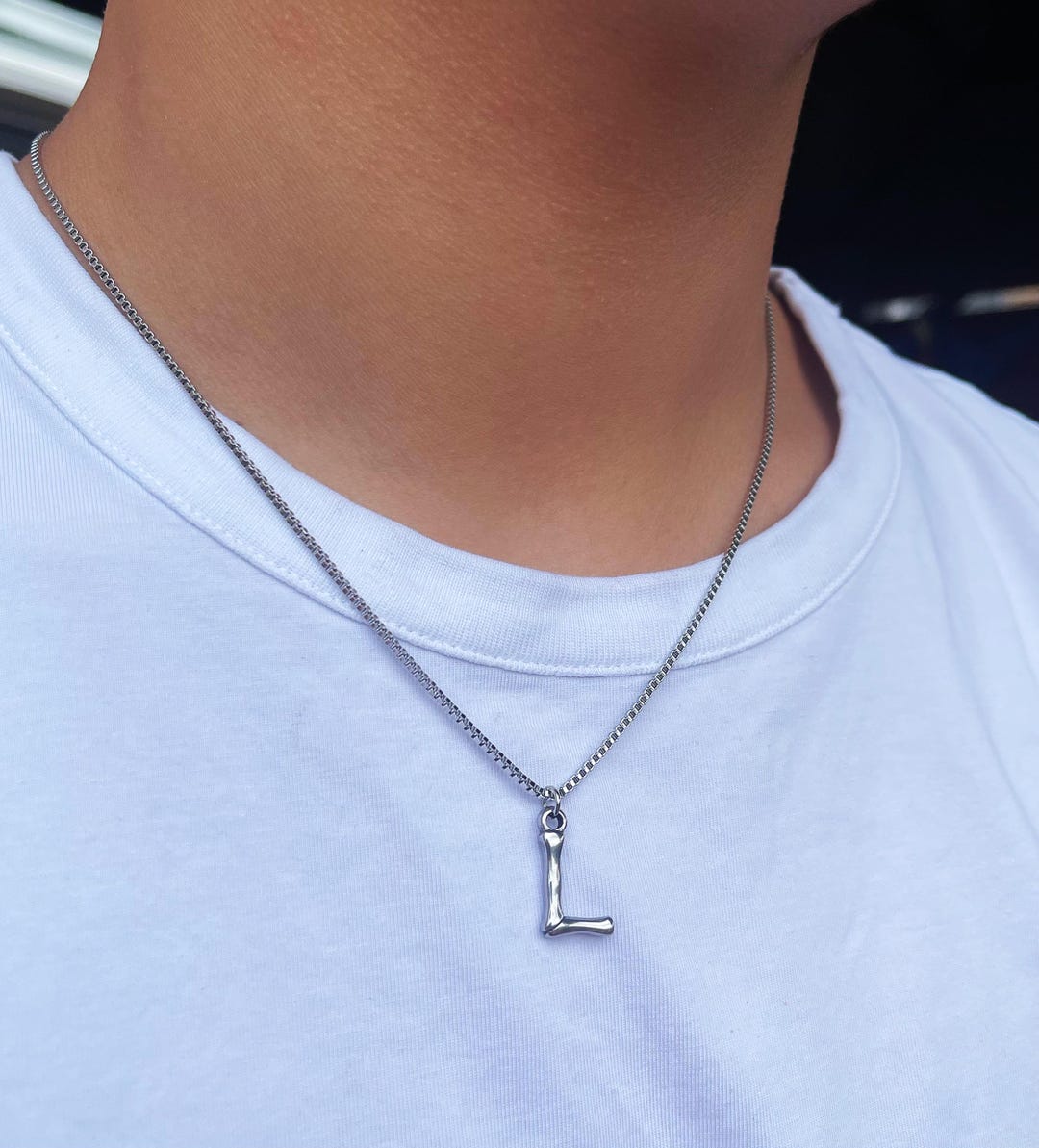 Men’s Bone Letter Necklace, Custom Bamboo Initial Pendant, Stainless ...