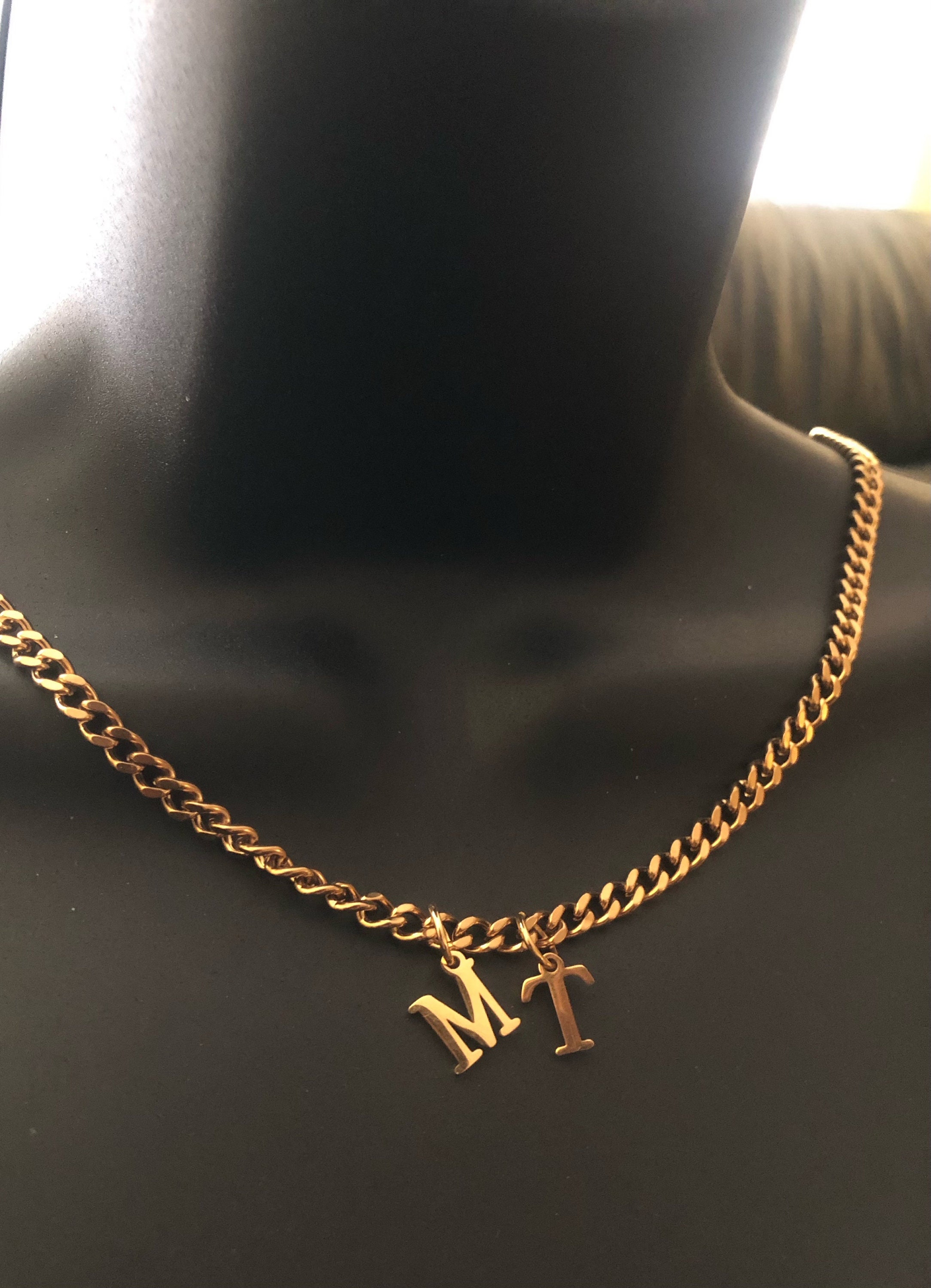 Mens Gold Letter Pendant Necklace, Silver Cuban Chain Initial Choker ...