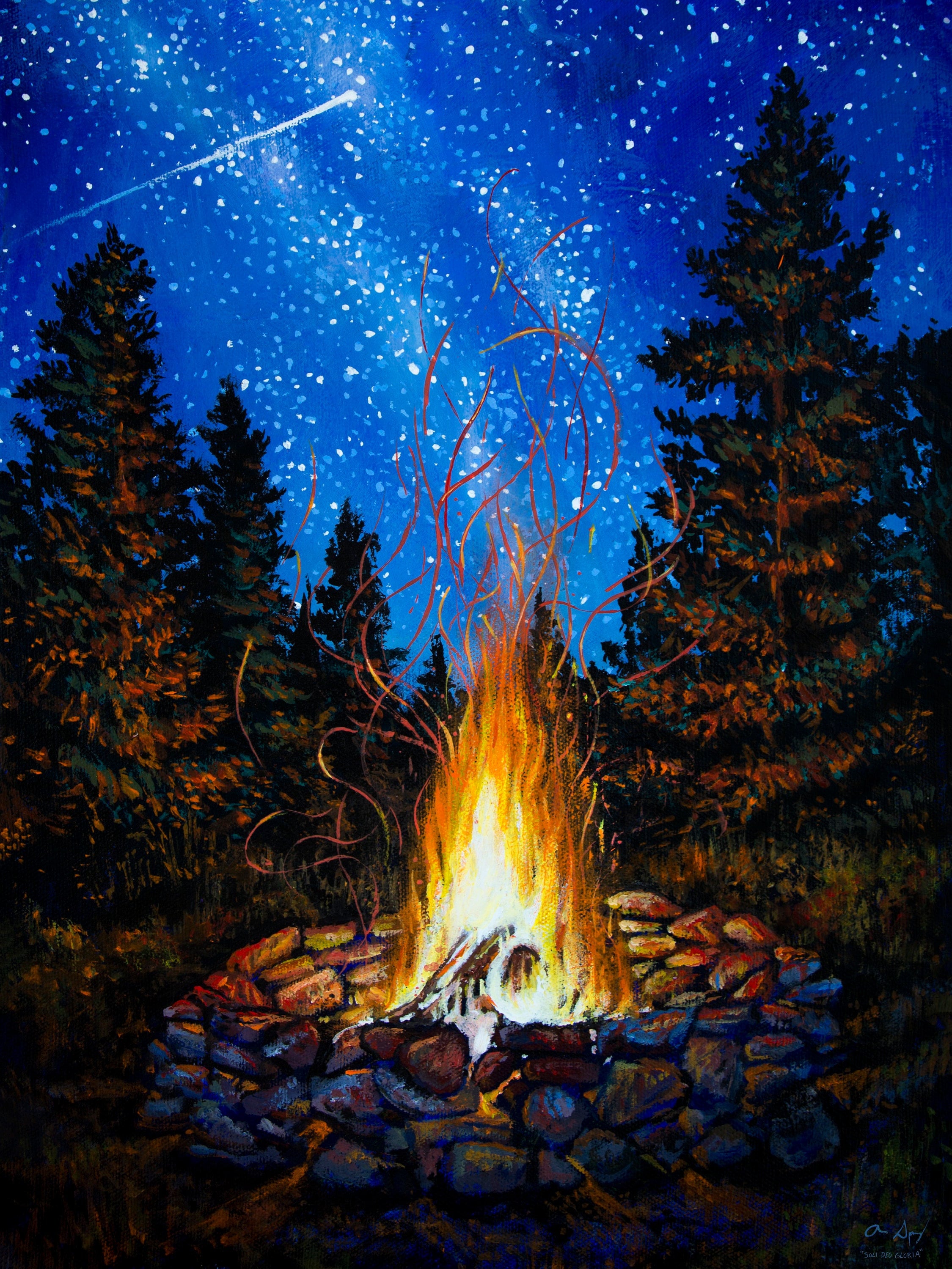 True Luxury - Original Painting on Canvas of a Campfire Under the Stars ...