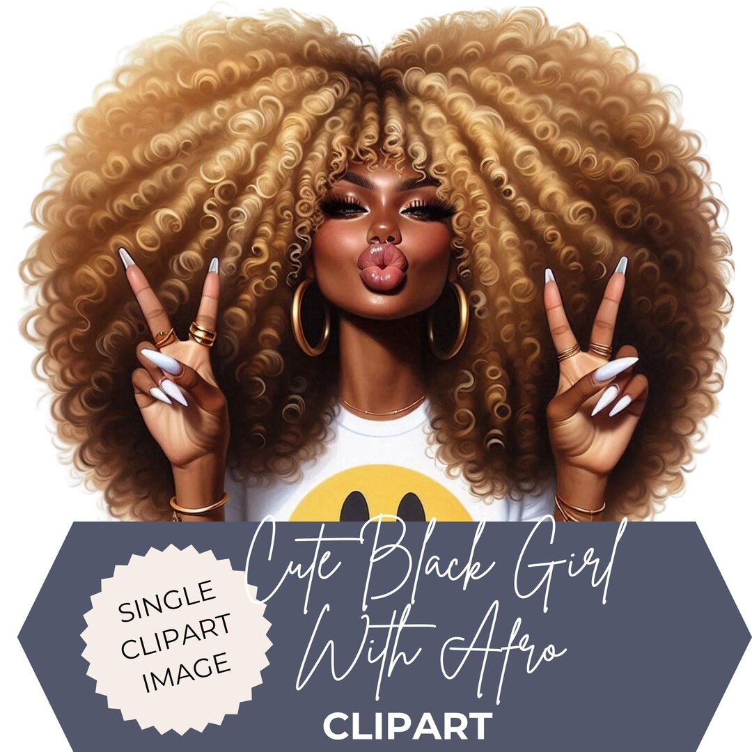 Black Afro Girl Clipart: Honey Blonde Hair, Peace Sign PNG (commercial ...