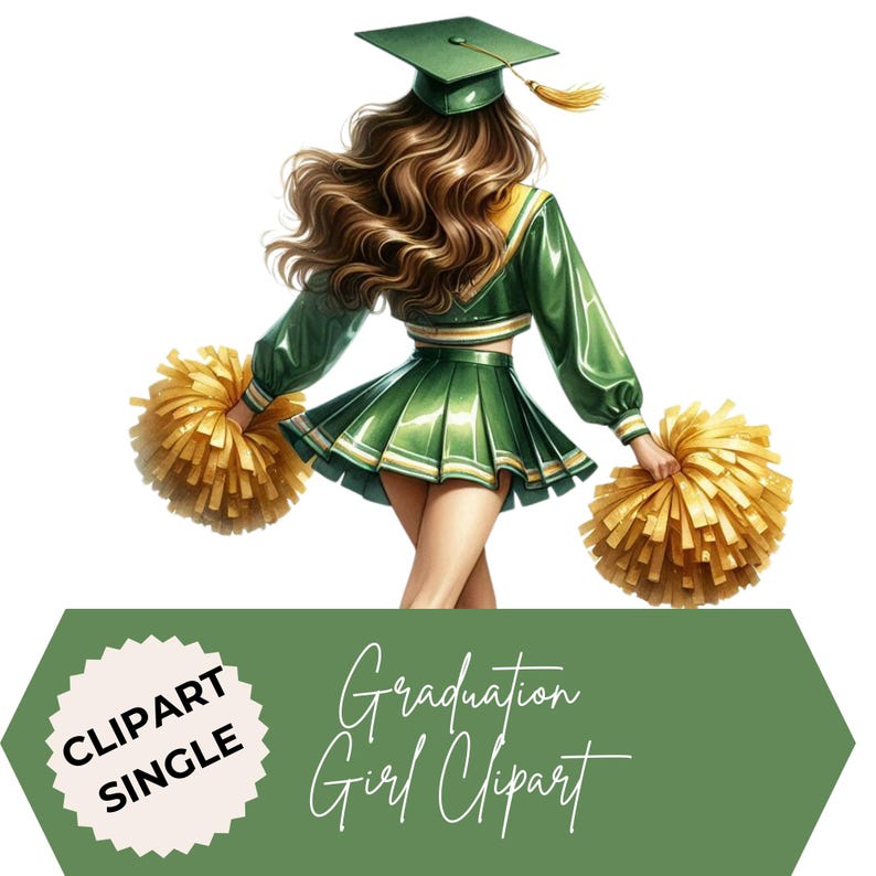 Cheerleader Graduation Clipart: Green & Gold Uniform (PNG Digital ...