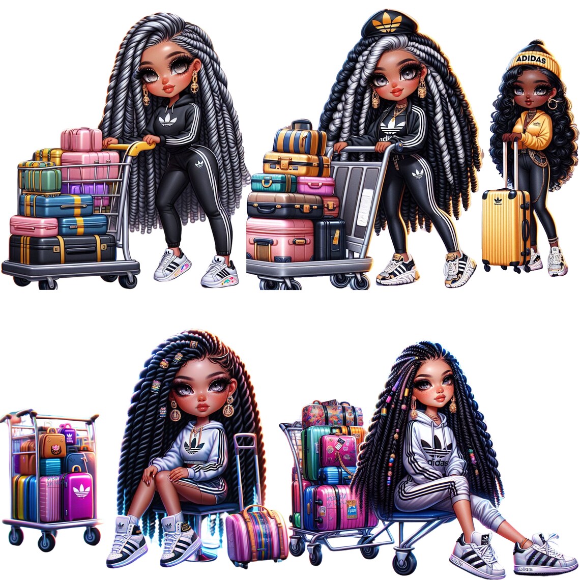 Chibi Travel Girls Clipart Globetrotting Chibi Girls Digital Art Cute ...