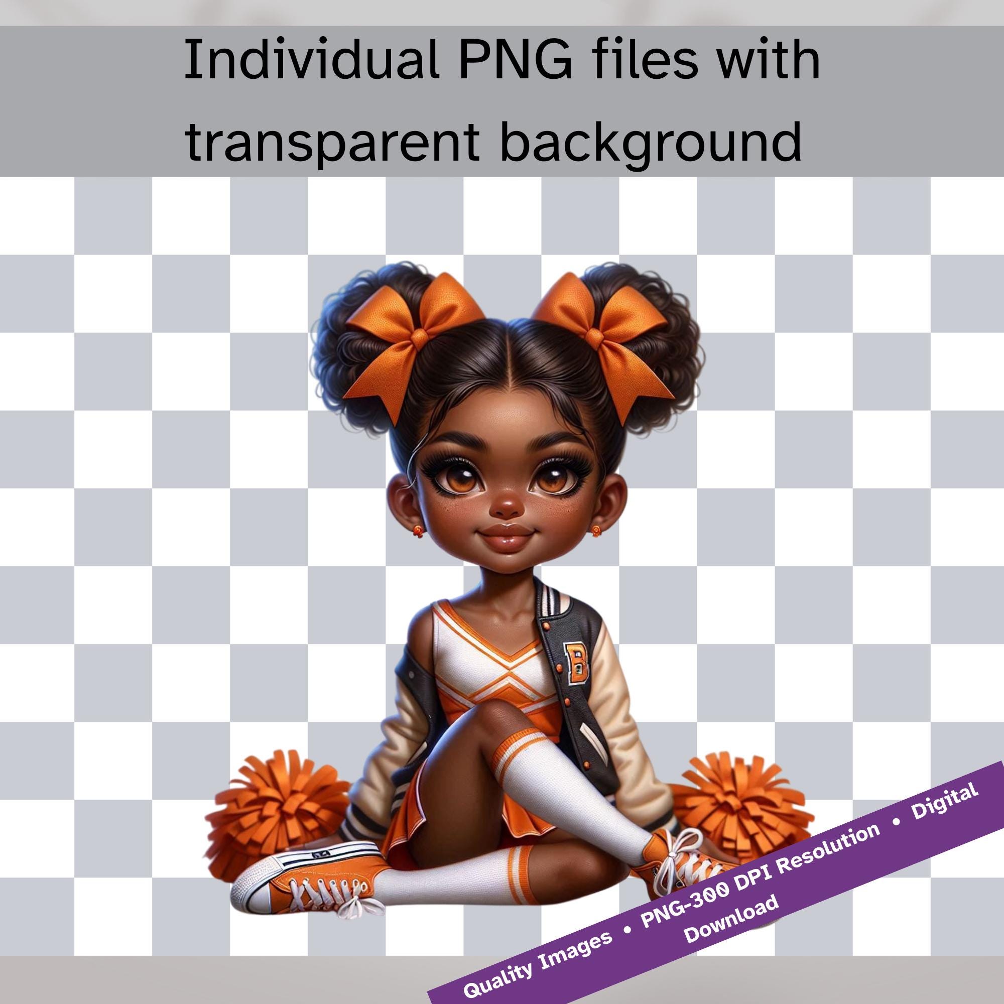 Black Cheerleader Chibi Clipart: Orange Pom Poms (PNG Digital Download ...