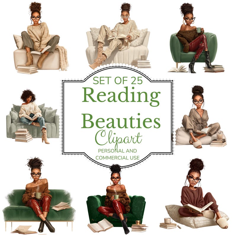 Black Girl Reading Clipart, Cozy Book Lover Art (digital Download PNG ...