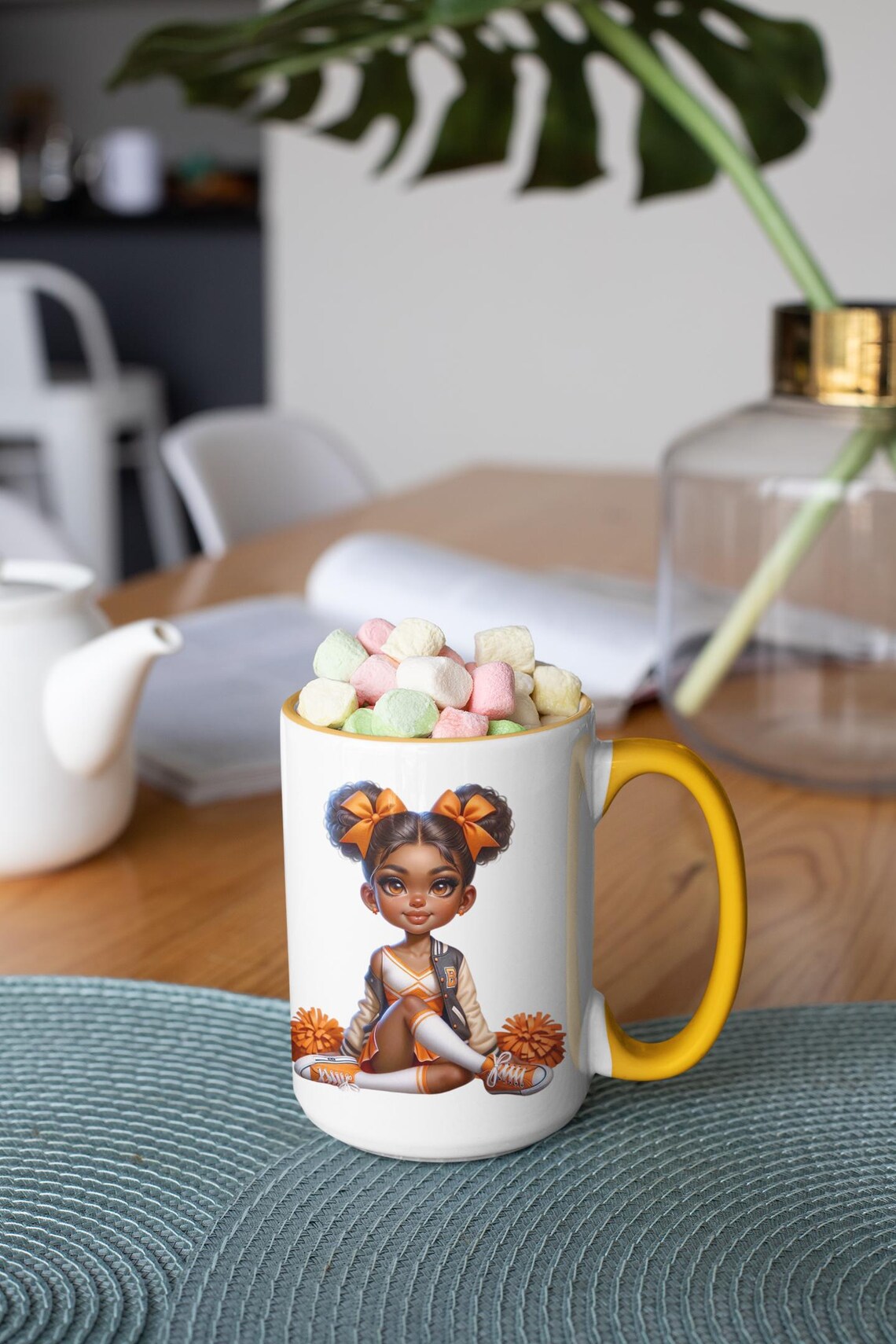 Black Cheerleader Chibi Clipart: Orange Pom Poms (PNG Digital Download ...