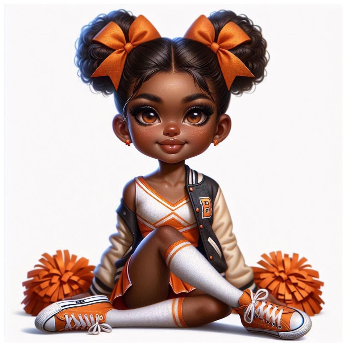 Black Cheerleader Chibi Clipart: Orange Pom Poms (PNG Digital Download ...