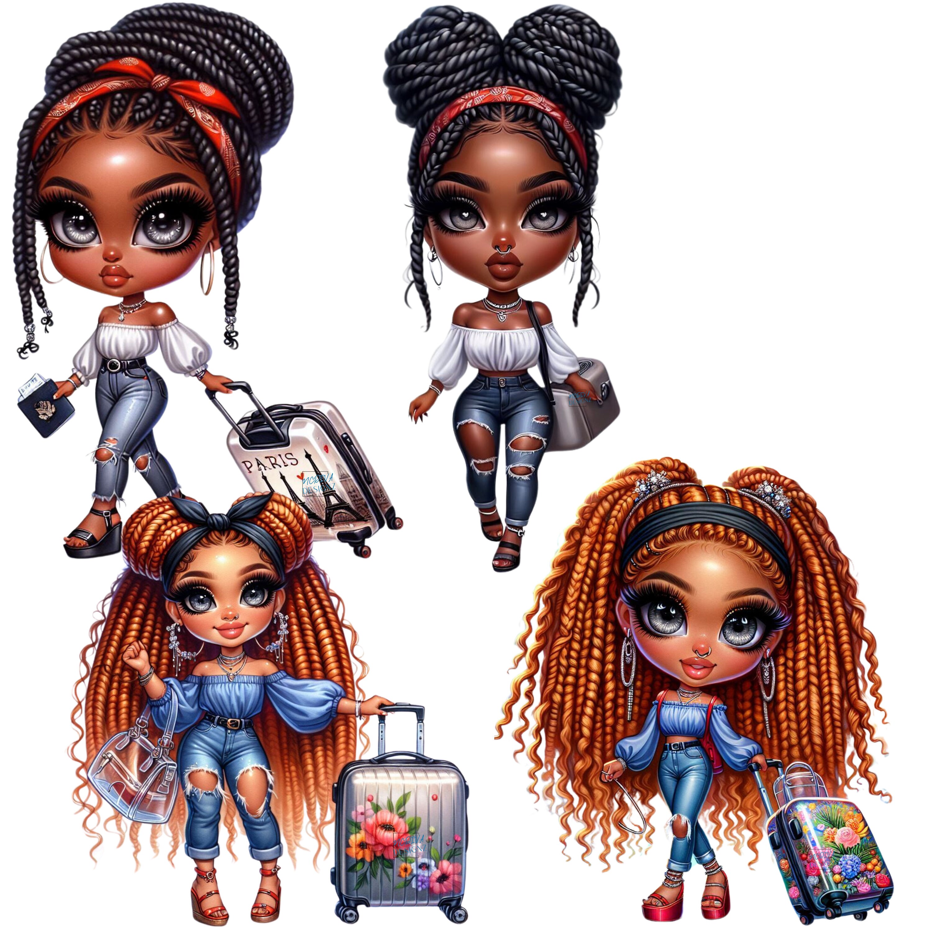 Chibi Travel Girls Clipart Globetrotting Chibi Girls Digital Art Cute ...