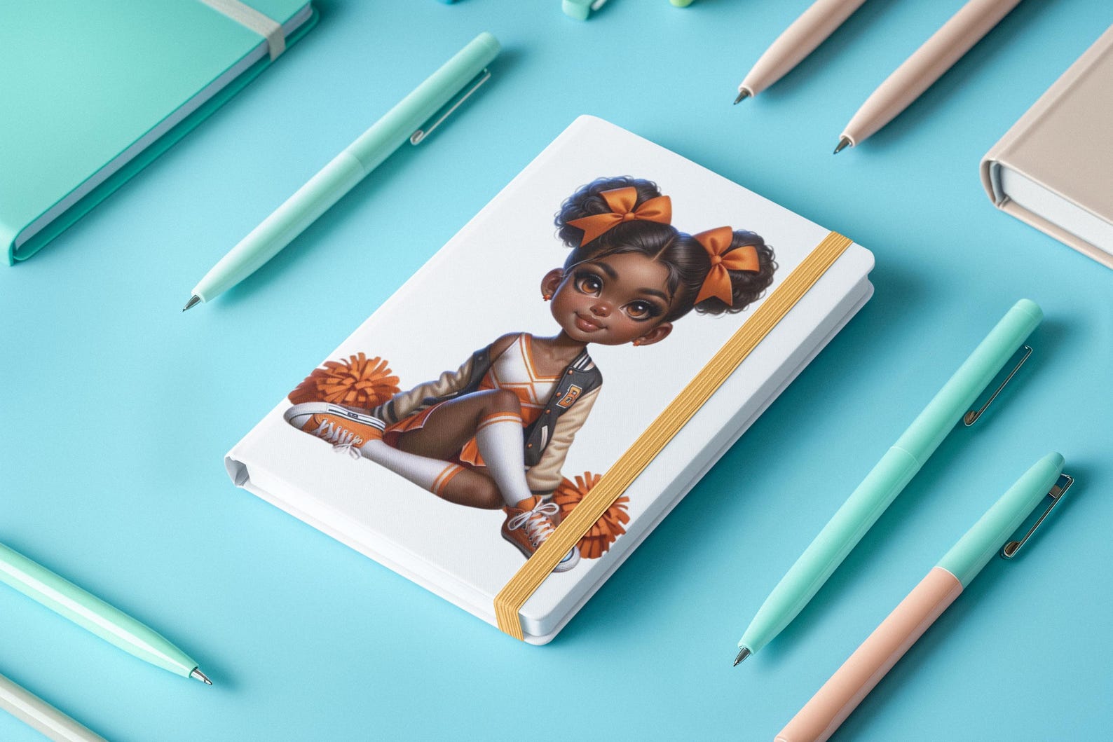Black Cheerleader Chibi Clipart: Orange Pom Poms (PNG Digital Download ...