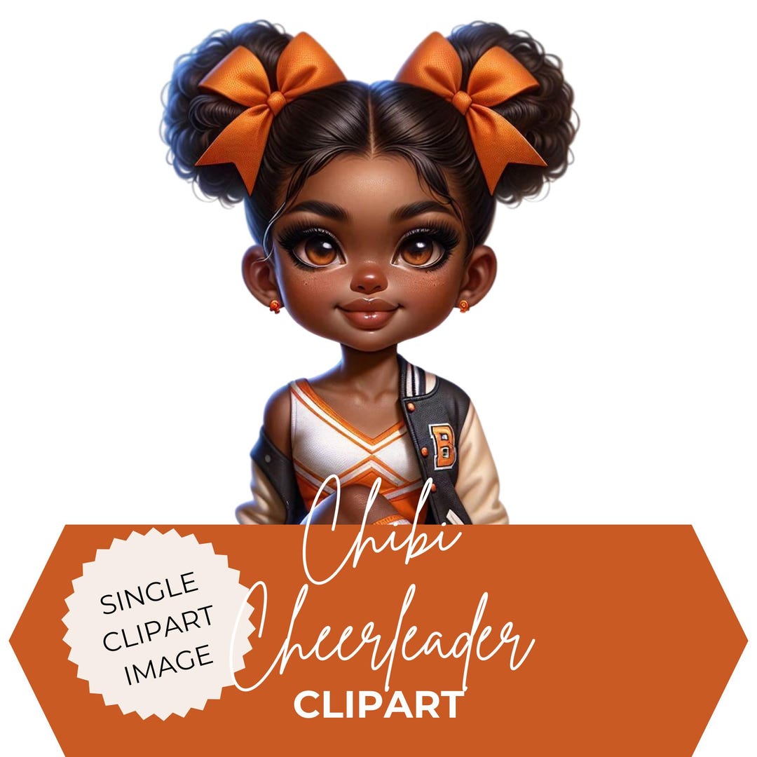 Black Cheerleader Chibi Clipart: Orange Pom Poms (PNG Digital Download ...