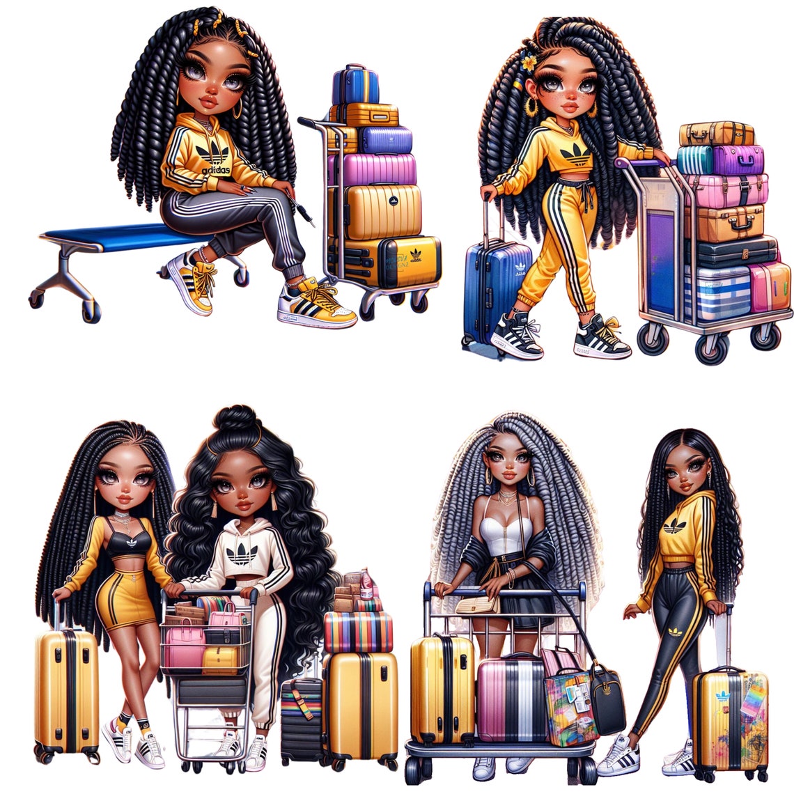 Chibi Travel Girls Clipart Globetrotting Chibi Girls Digital Art Cute ...