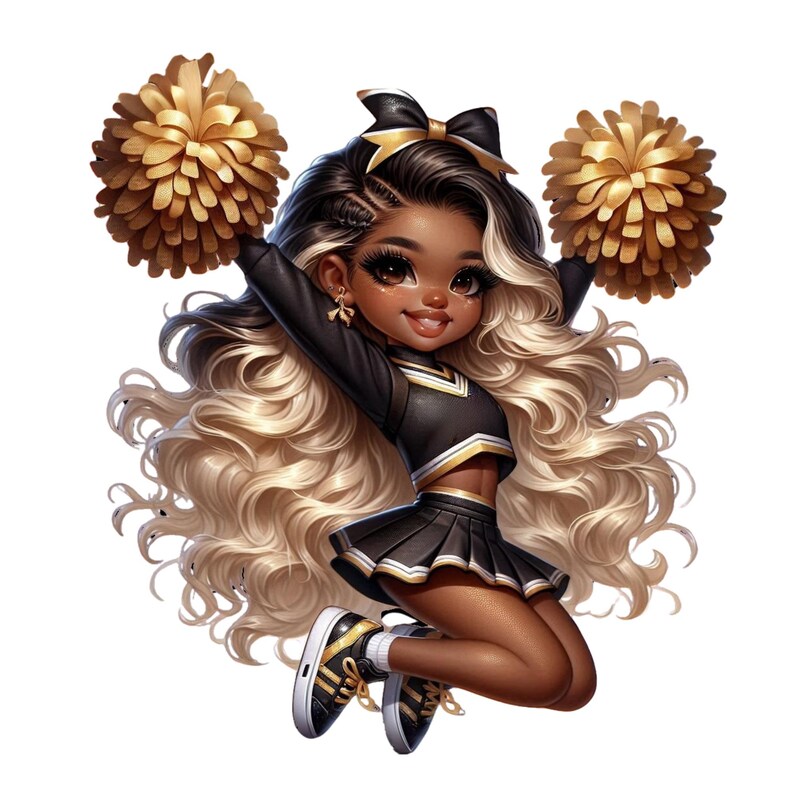 Black Cheerleader Chibi Clipart: Gold Pom-poms (PNG Digital Download ...