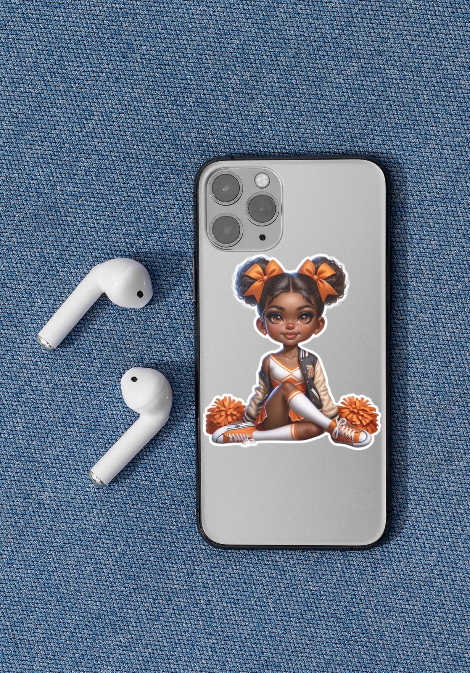 Black Cheerleader Chibi Clipart: Orange Pom Poms (PNG Digital Download ...