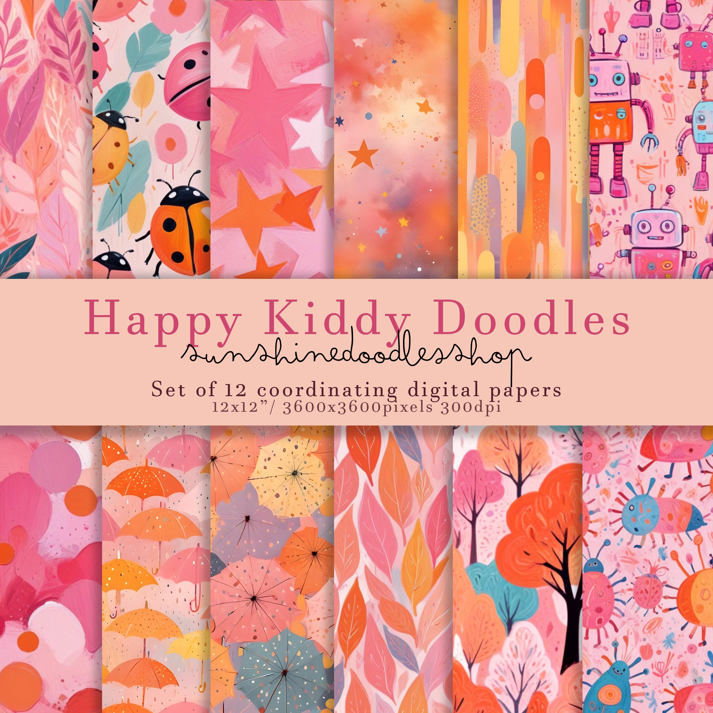 Happy Kiddy Doodles Digital Paper Set Colorful Paints Backgrounds for ...