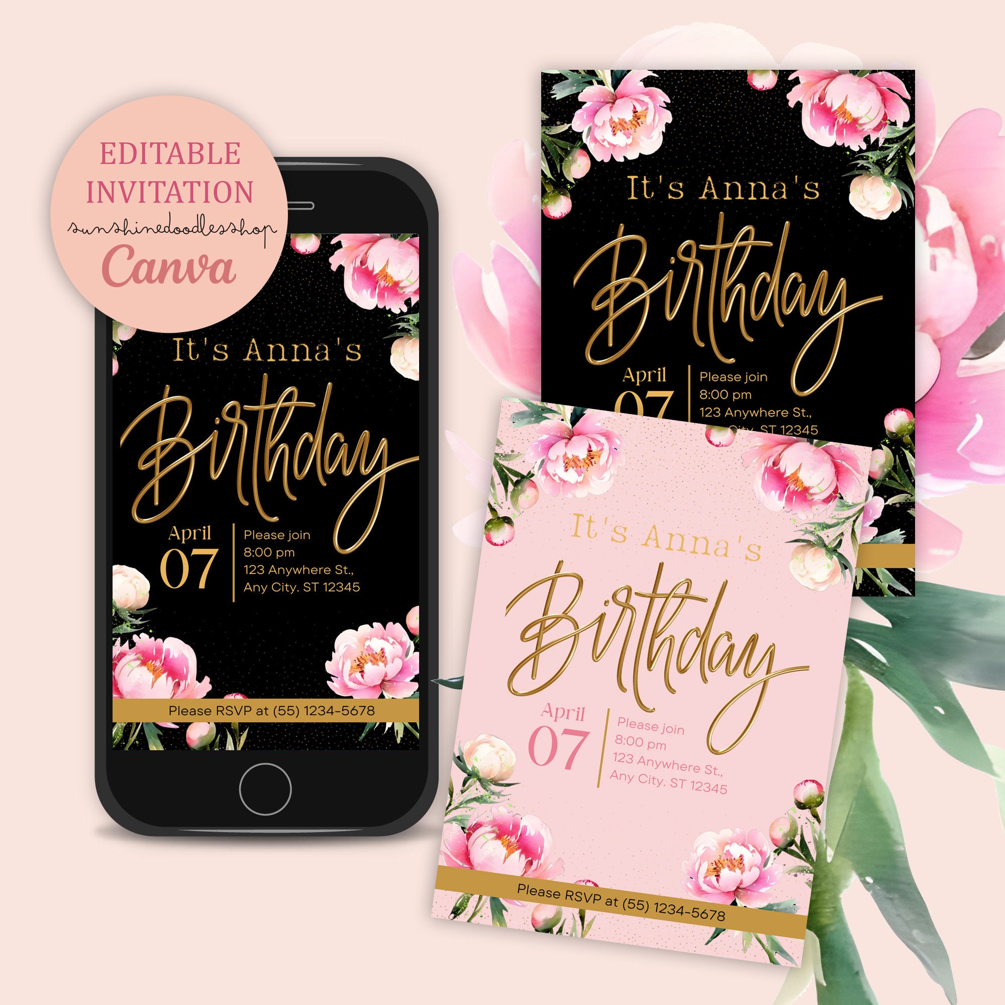 Editable Birthday Invitation Peonies Flowers Pretty Invitation Template ...