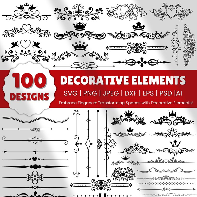 100 Decorative Elements SVG Design Elements SVG Flourishes SVG Swirls Svg Decorative Border Png ...