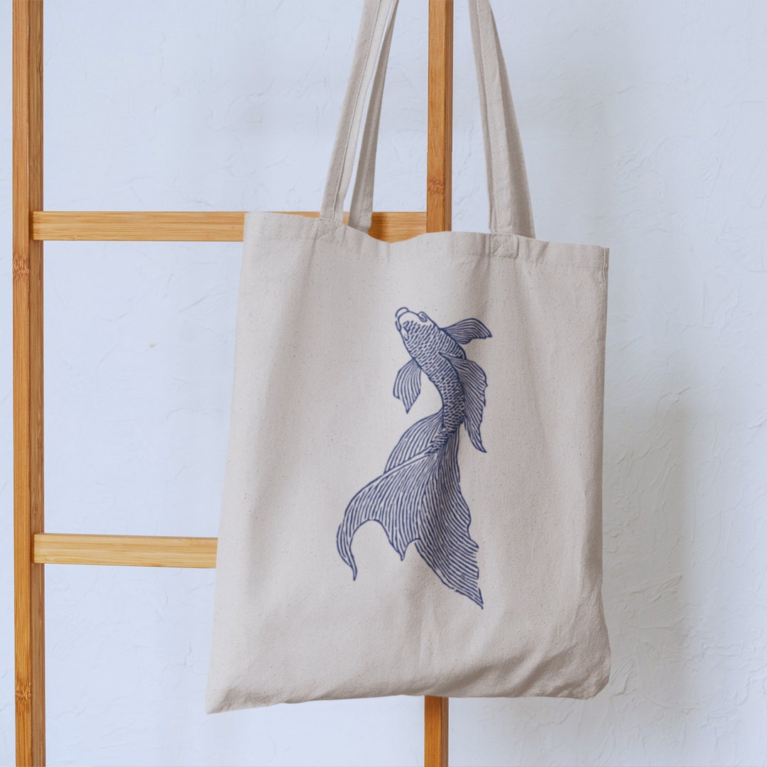 Betta Fish Canvas Tote Bag, Minimal Blue Abstract Line Drawing, Summer ...