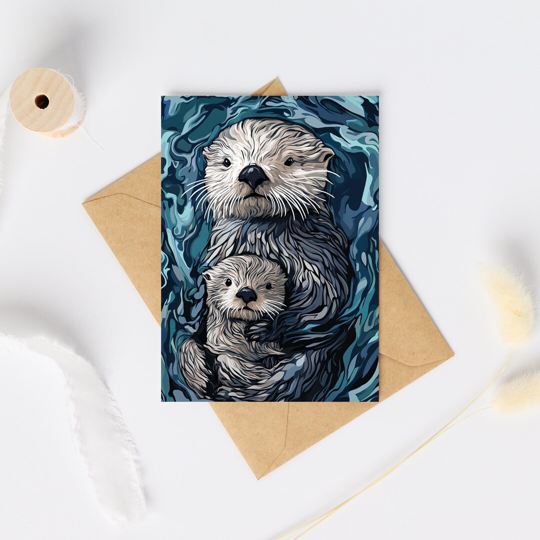 Mama Sea Otter and Baby Sea Otter Greeting Cards, Personalized ...