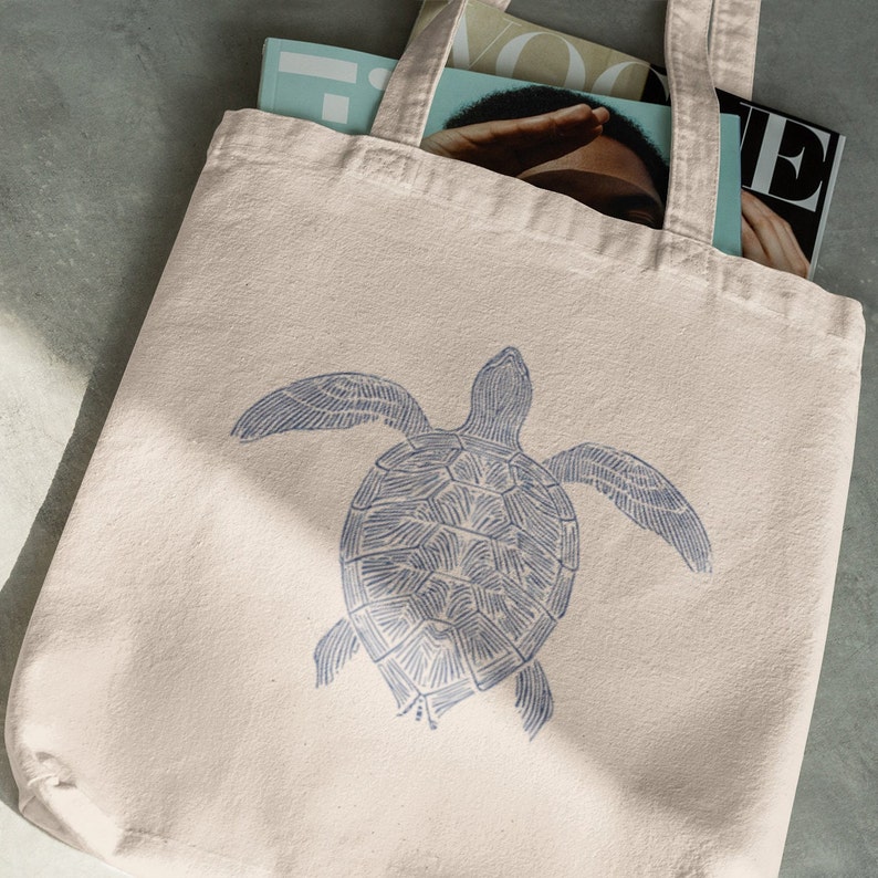 Minimal Sea Turtle Canvas Tote Bag, Blue Abstract Line Drawing, Marine ...