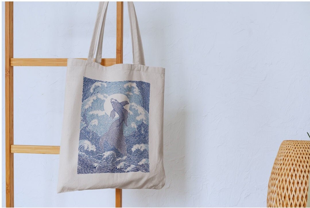 Betta Fish Canvas Tote Bag, Minimal Blue Abstract Line Drawing, Marine ...
