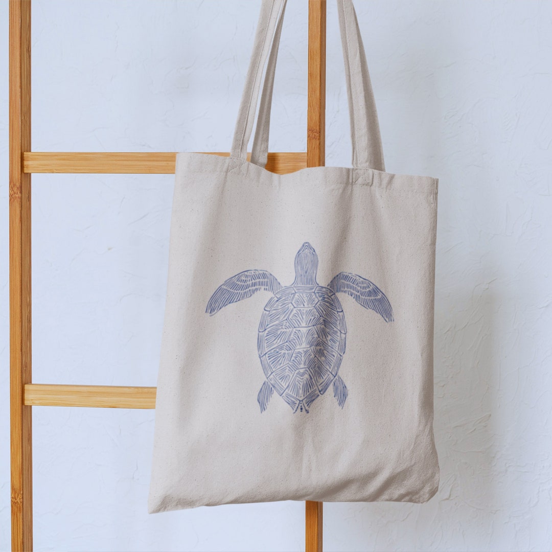 Minimal Sea Turtle Canvas Tote Bag, Blue Abstract Line Drawing, Marine ...