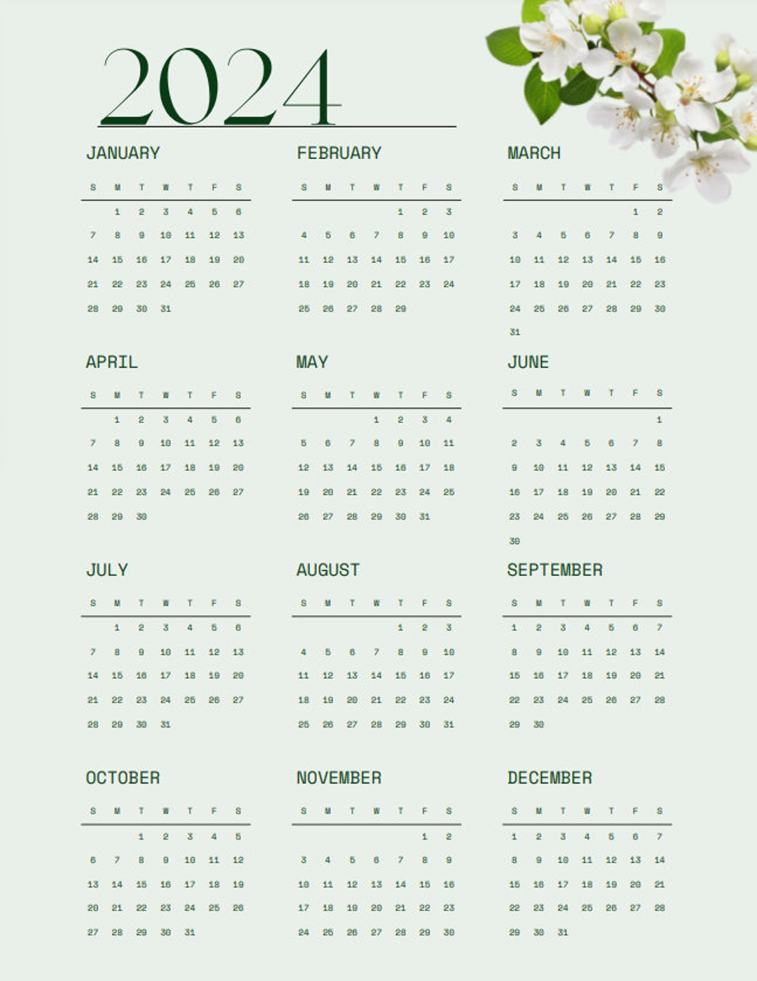 Year Calendar, Digital Instant Download, Printable Planner, Year ...