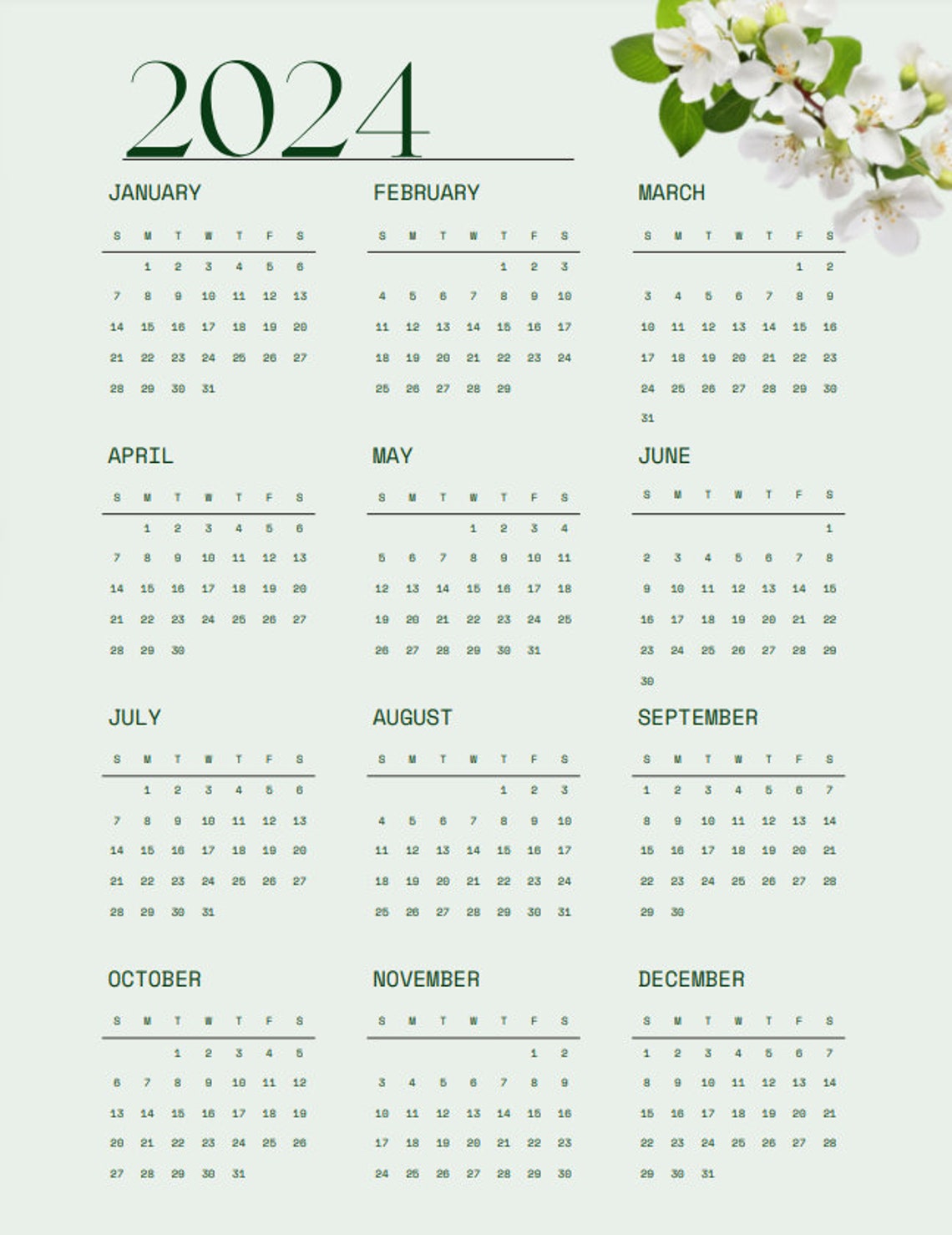 Year Calendar, Digital Instant Download, Printable Planner, Year ...