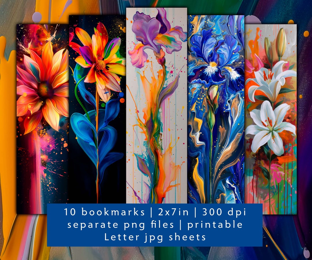 10 Paint Splash Flower Bookmark Designs, Bookmark Set JPG, Printable ...