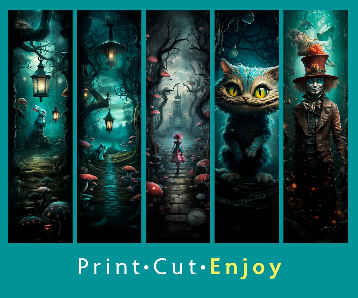 10 Alice in Wonderland Bookmark Designs, Bookmark Set JPG, Printable ...