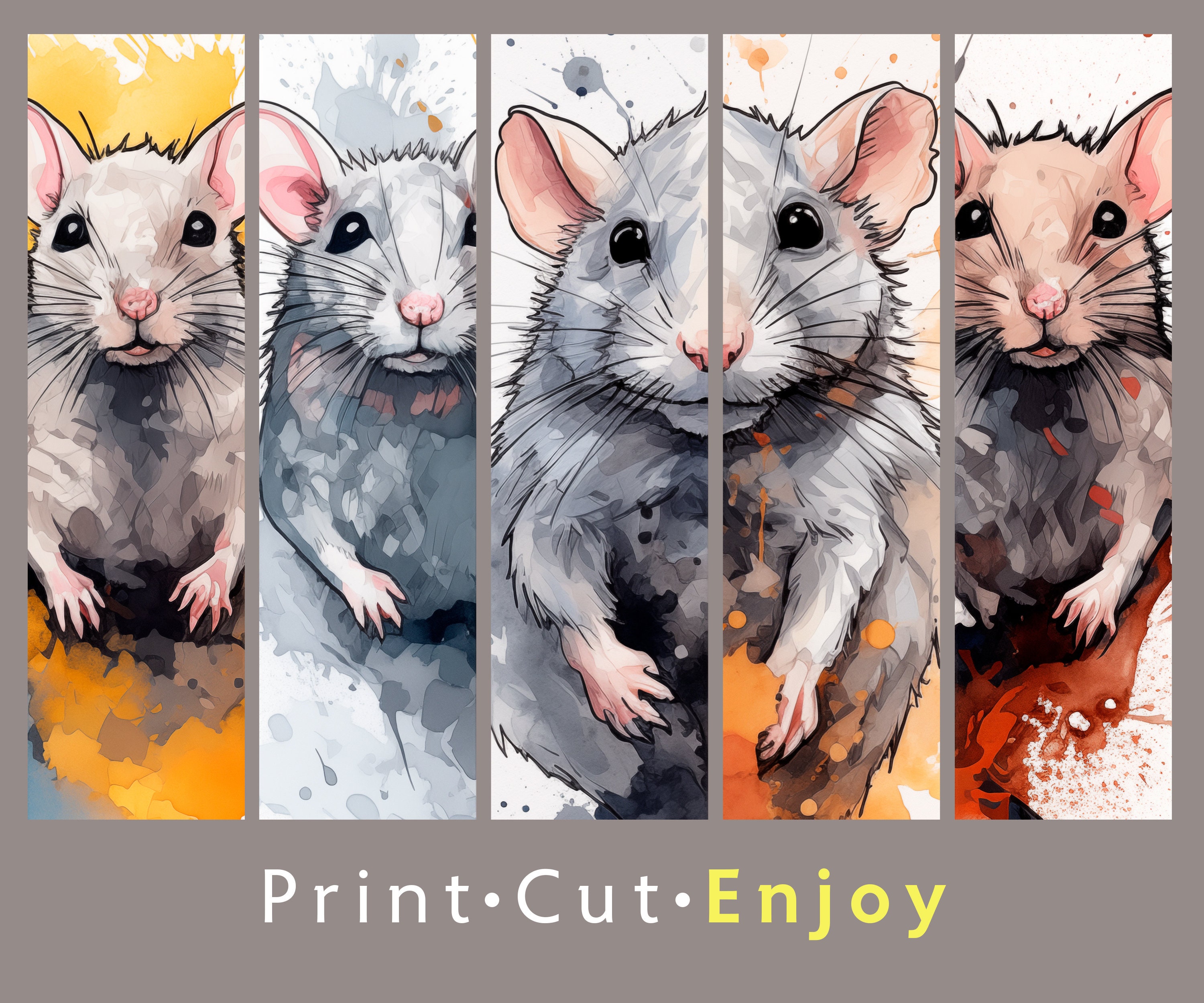10 Watercolor Rat Printable Bookmark Designs, Digital Download Bookmark ...