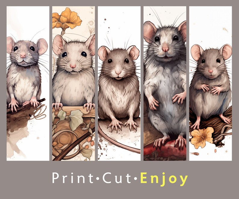 10 Watercolor Rat Printable Bookmark Designs, Digital Download Bookmark ...