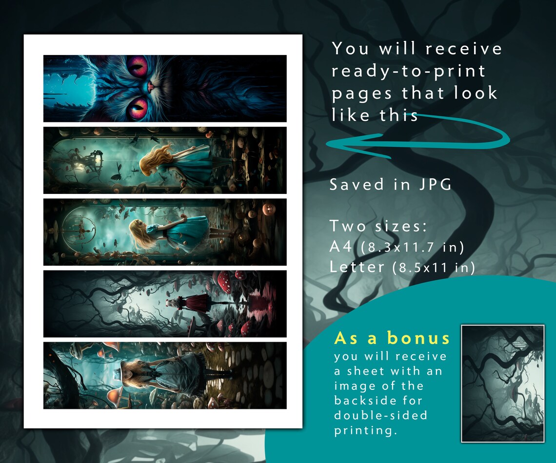 10 Alice in Wonderland Bookmark Designs, Bookmark Set JPG, Printable ...