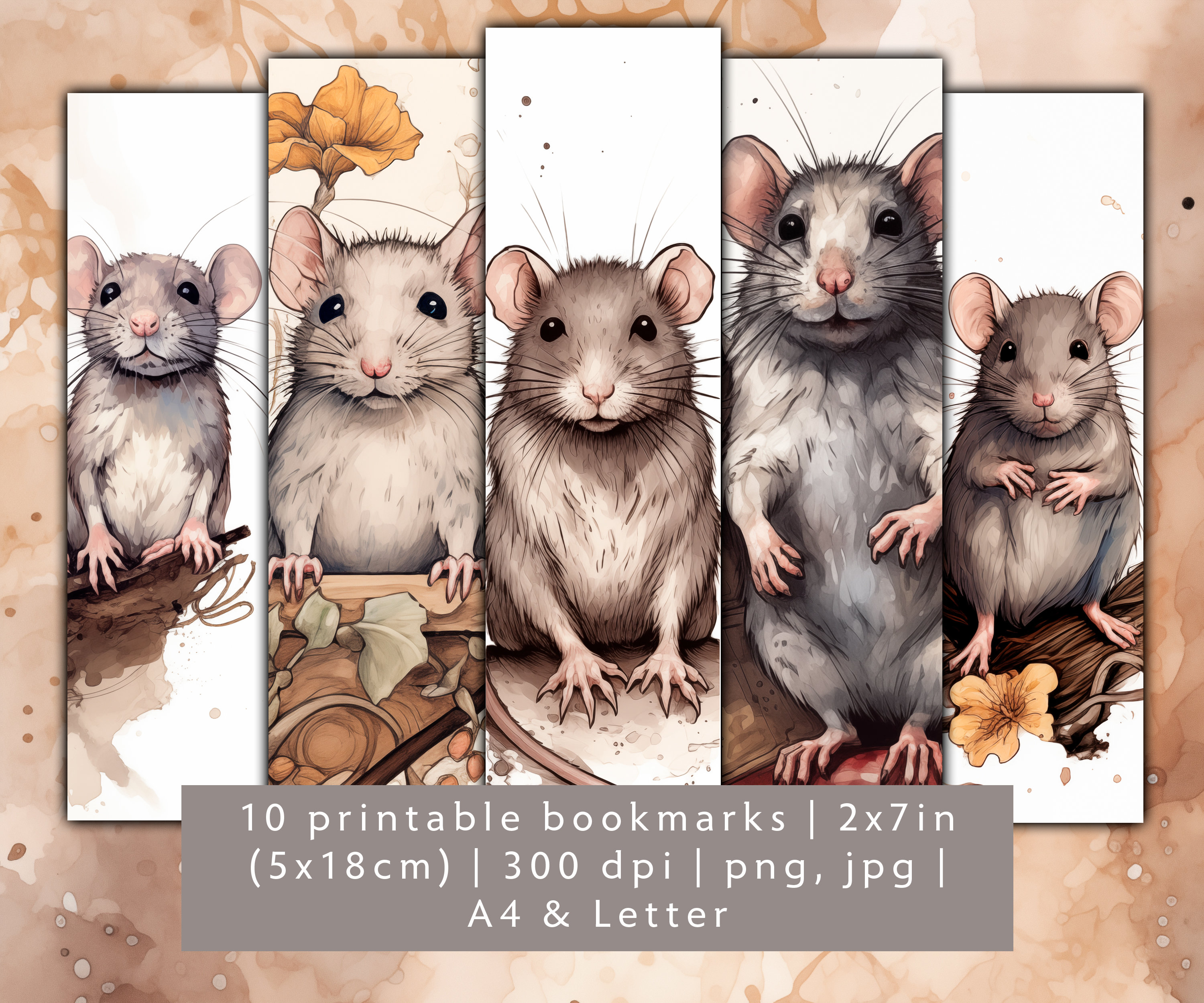 10 Watercolor Rat Printable Bookmark Designs, Digital Download Bookmark ...