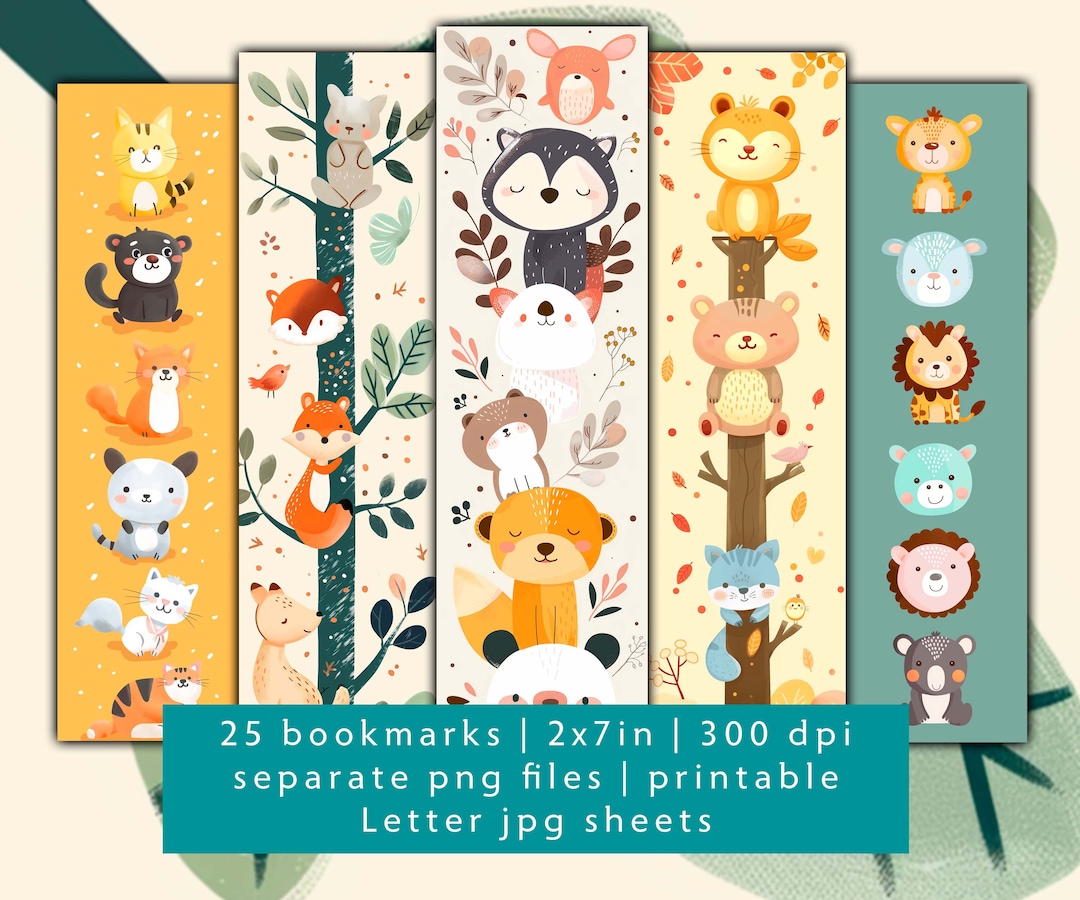 25 Cute Animals Bookmark Designs, Bookmark Set JPG, Printable Friend ...