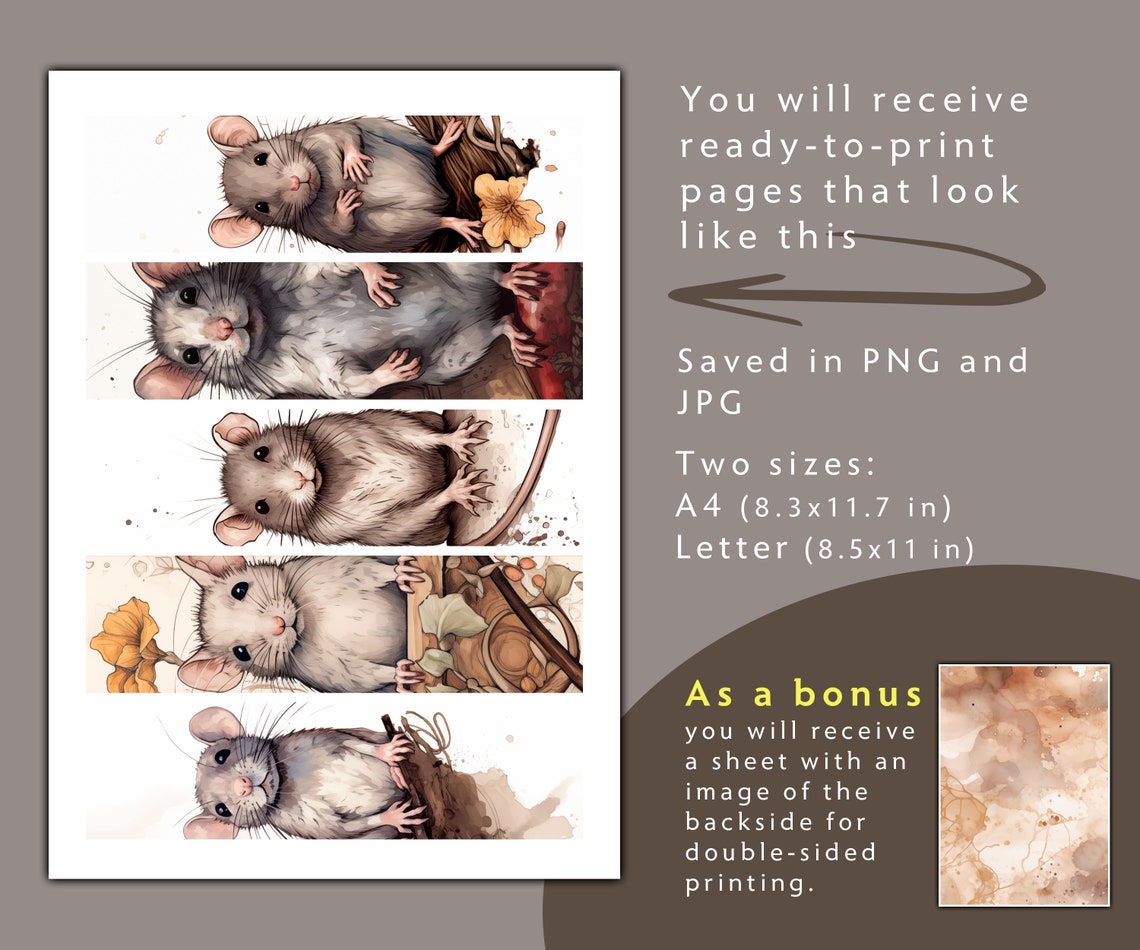 10 Watercolor Rat Printable Bookmark Designs, Digital Download Bookmark ...