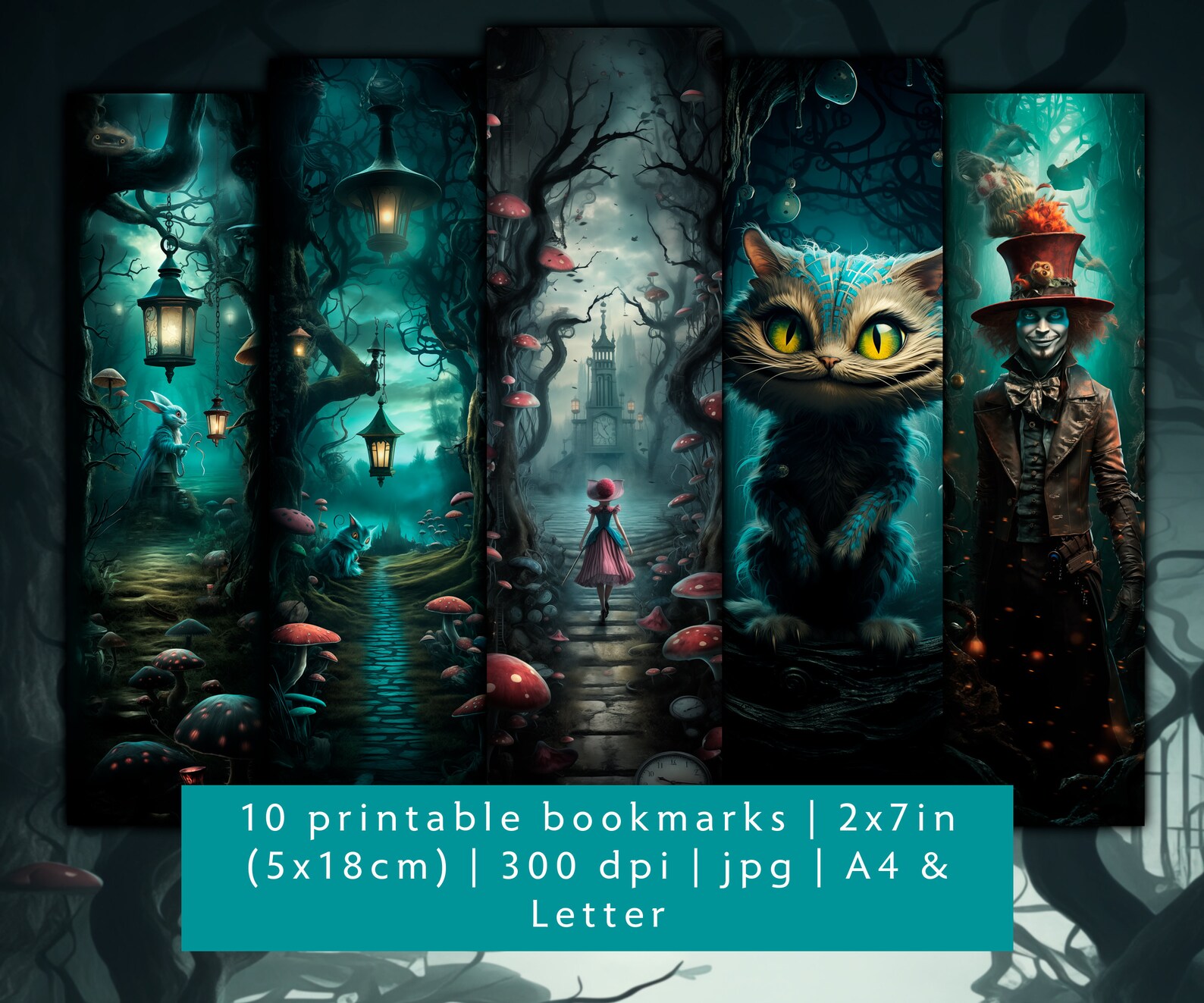 10 Alice in Wonderland Bookmark Designs, Bookmark Set JPG, Printable ...